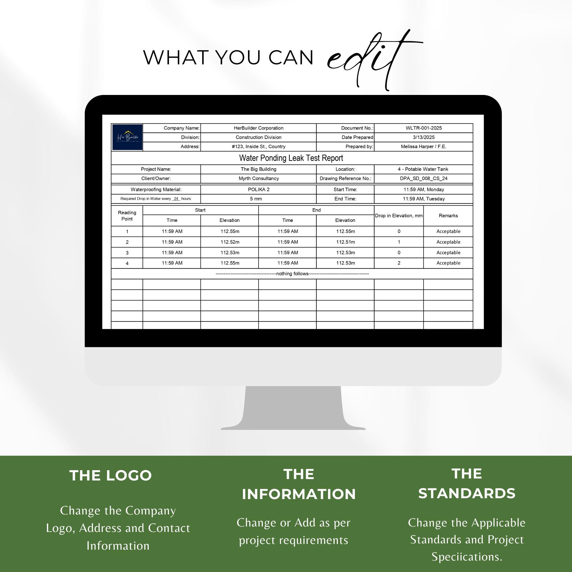 Water Ponding Leak Test Form, Leak Test Form, Water Tank Leak Test ...
