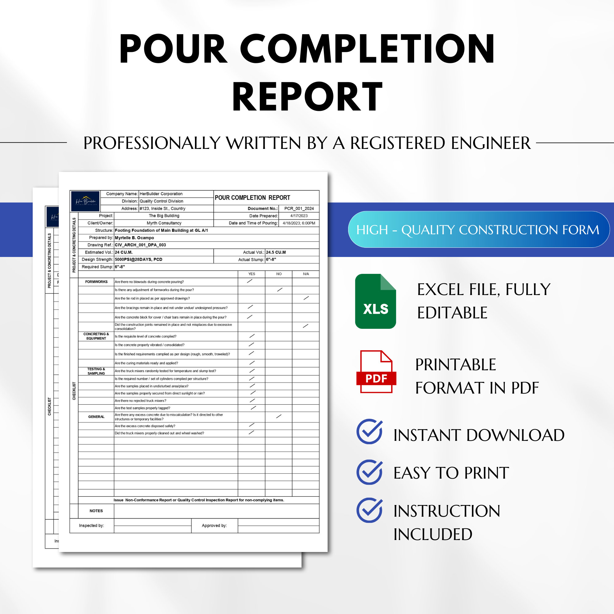 Concrete Pour Completion Report, Concrete Pouring Checklist, Inspection ...