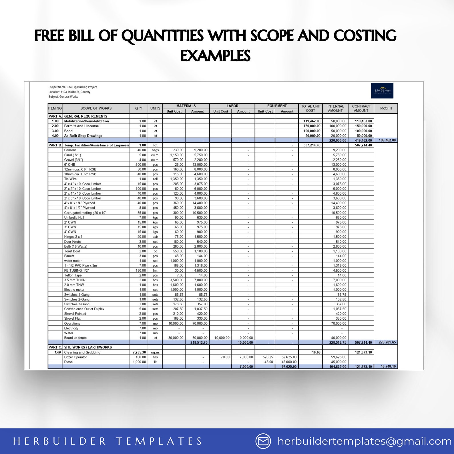 Bill of Quantities Template, Construction Cost Estimate, Cost Estimate for Materials, Labor ...