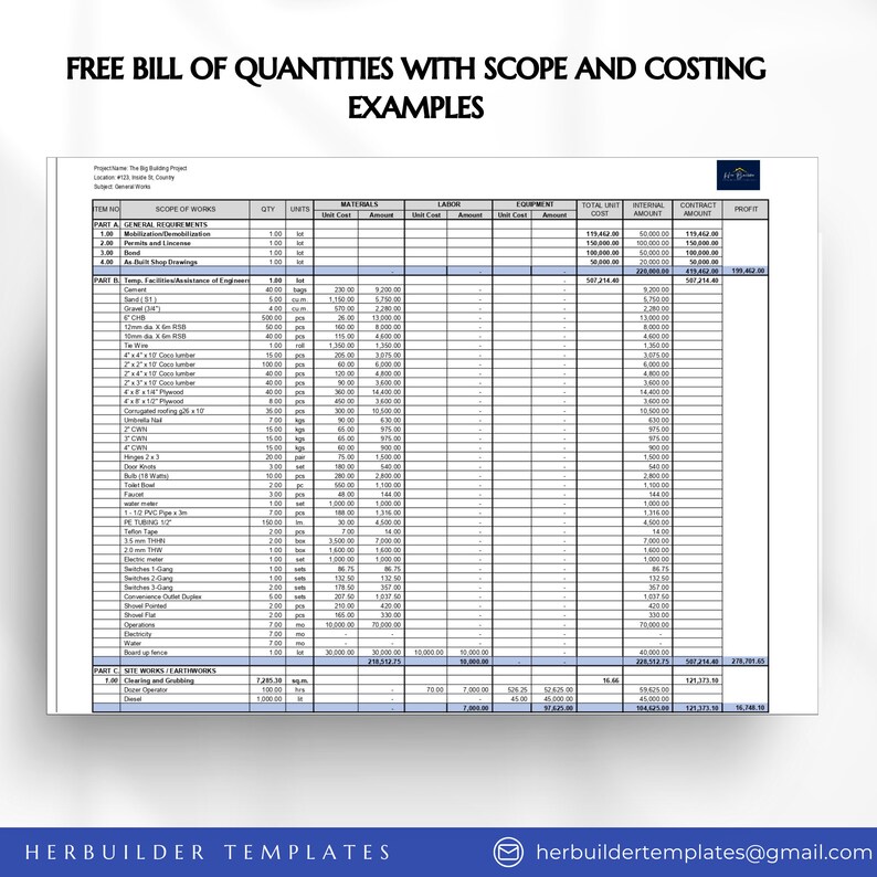 Bill of Quantities Template, Construction Cost Estimate, Cost Estimate ...