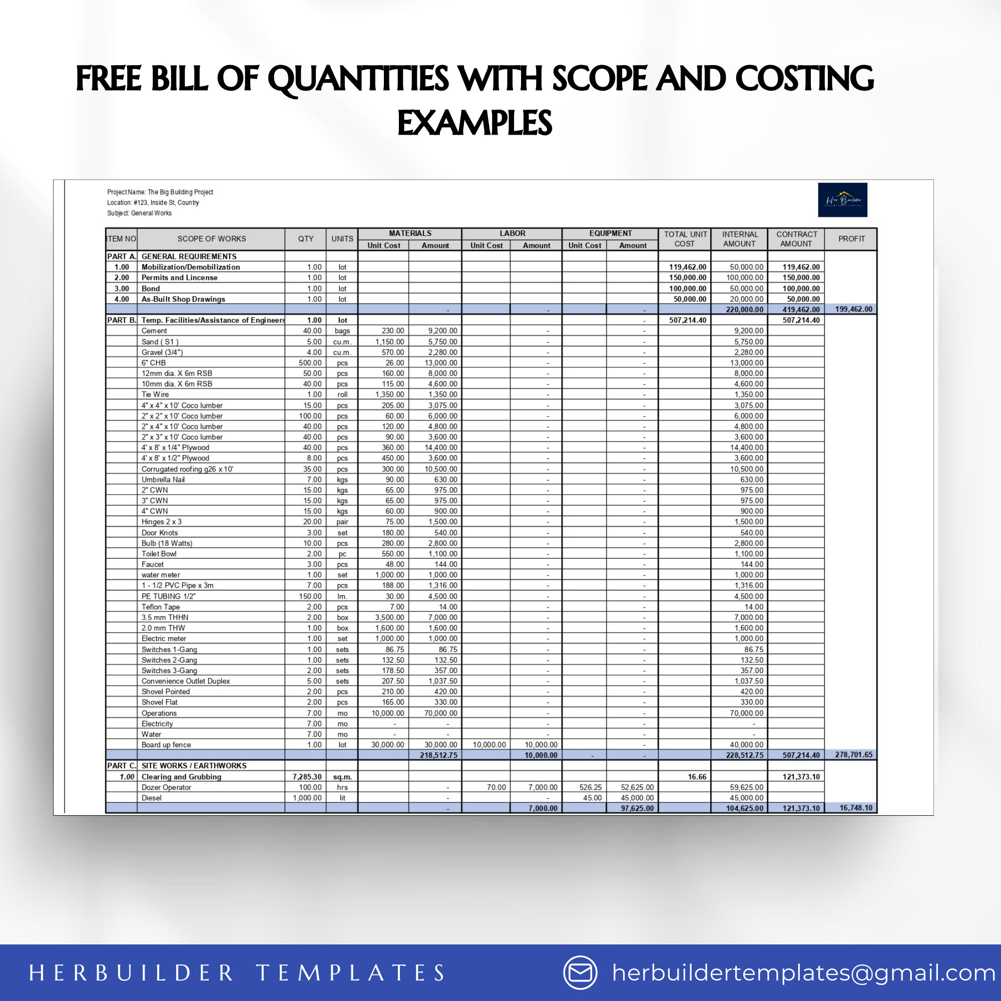 Bill of Quantities Template, Construction Cost Estimate, Cost Estimate ...