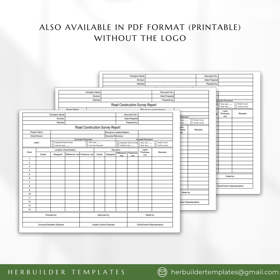 Survey Report Form for Road Construction, Concrete Pavement ...