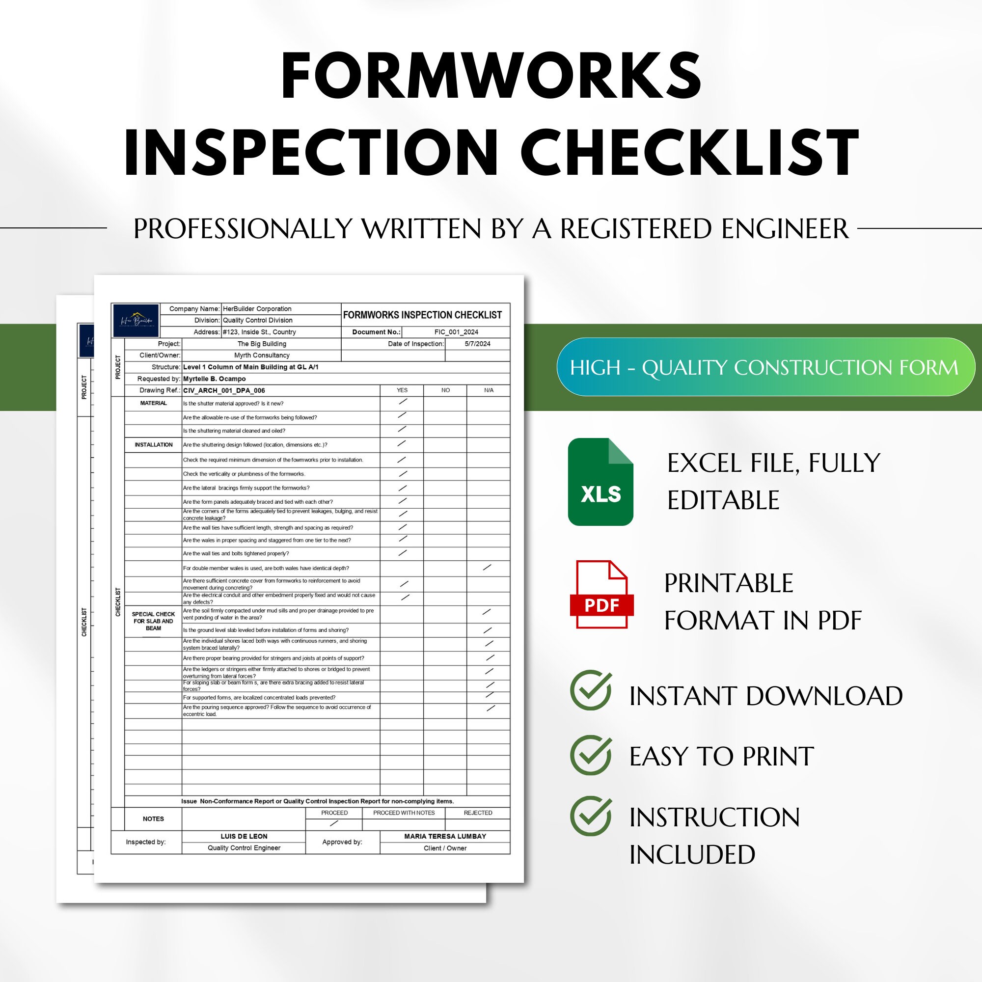 Formworks Inspection Checklist, Shutter Inspection, Formworks Before Concrete Pouring, Quality ...