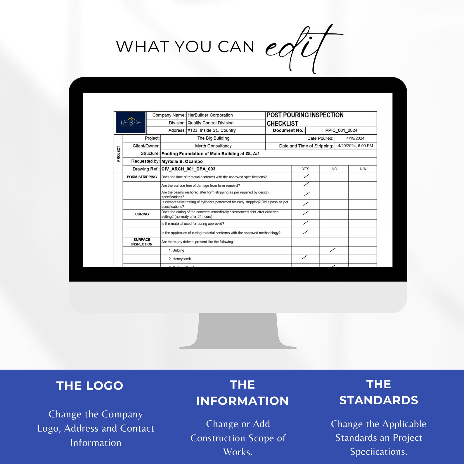 Post Pouring Inspection Checklist, Concrete Pouring Checklist, Quality ...