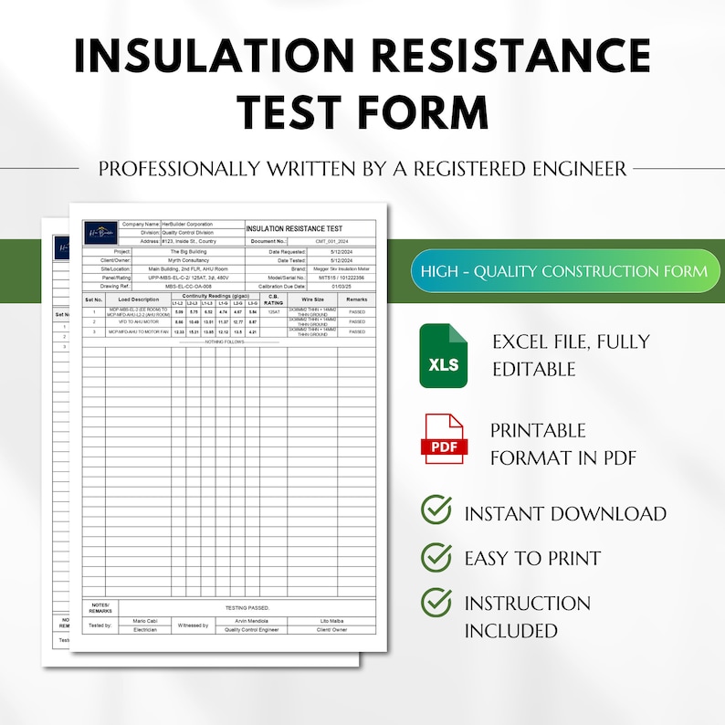Insulation Resistance Test Form, Electrical Insulation Test, Electrical ...