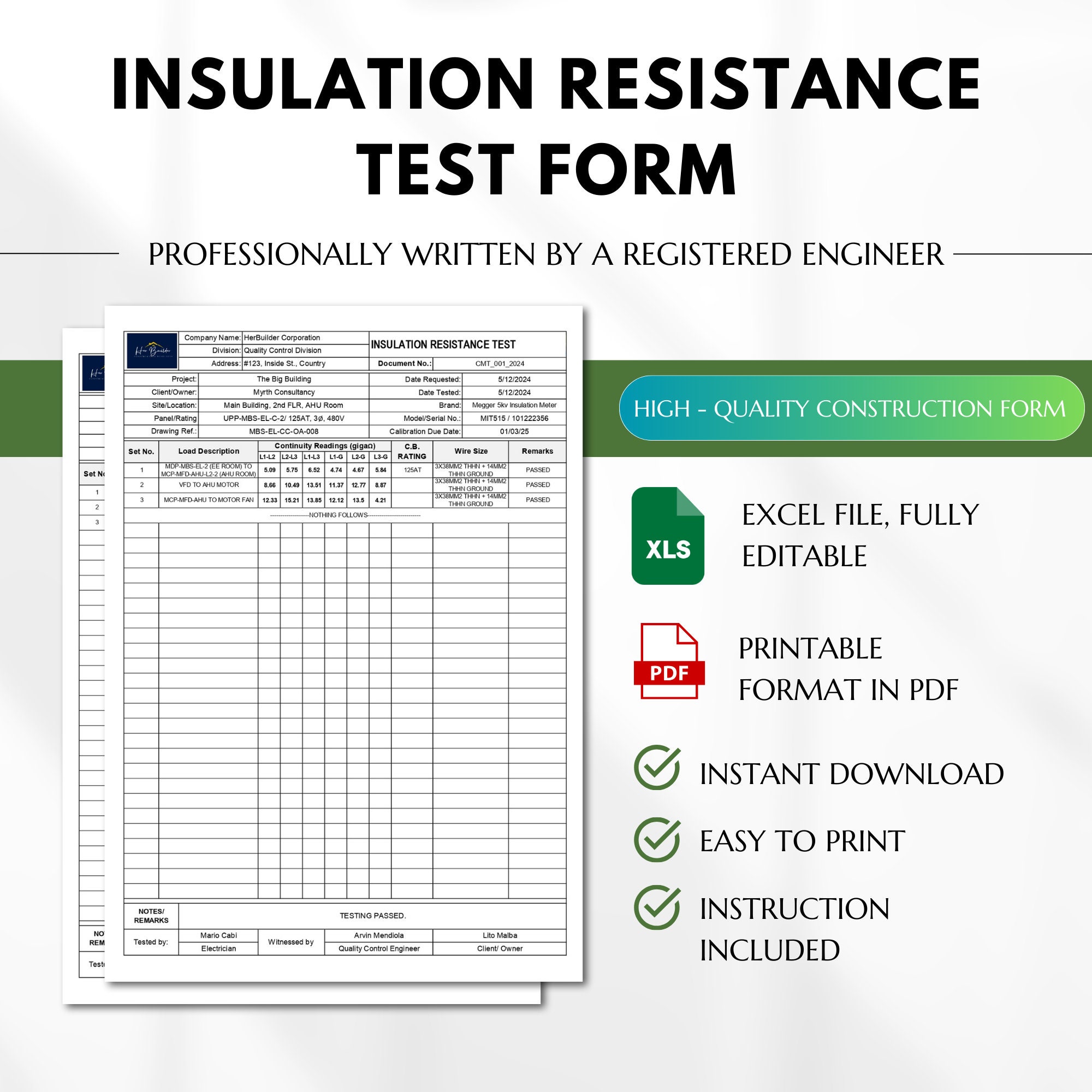 Insulation Resistance Test Form, Electrical Insulation Test, Electrical ...
