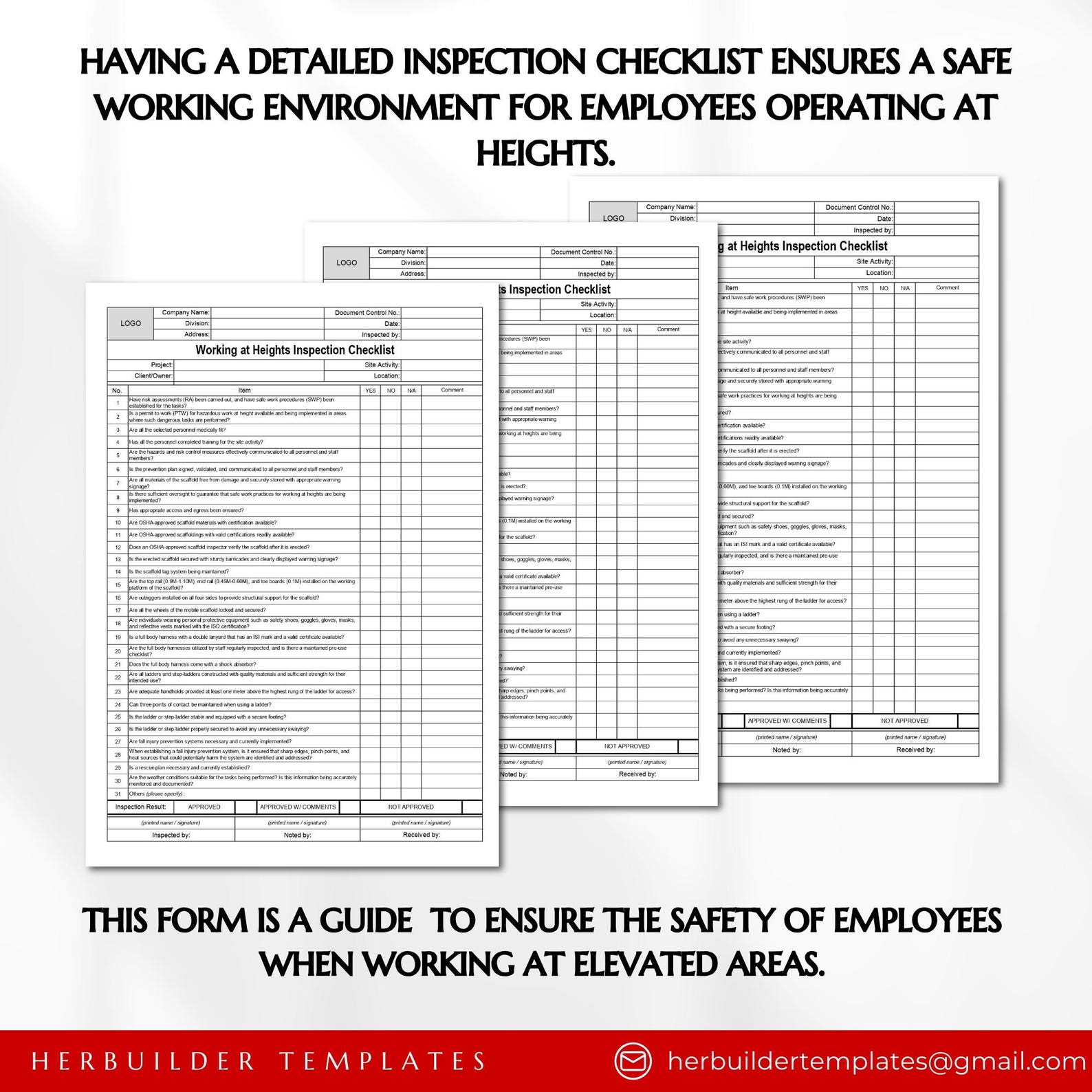 Working at Heights Inspection Checklist for Construction, Safety at ...