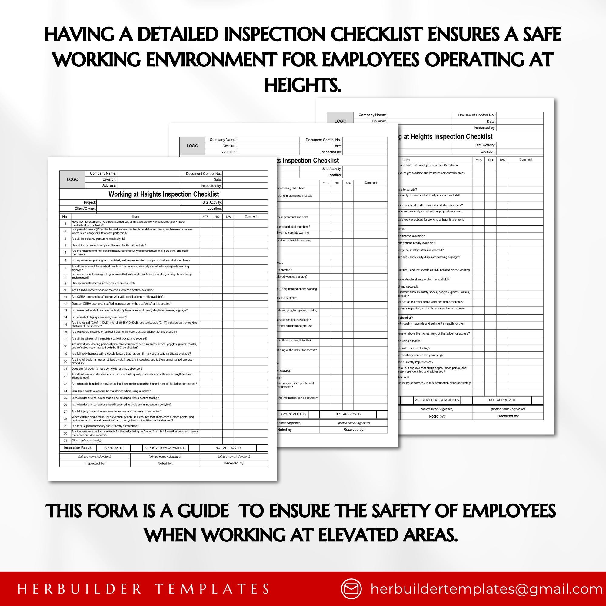 Working at Heights Inspection Checklist for Construction, Safety at ...