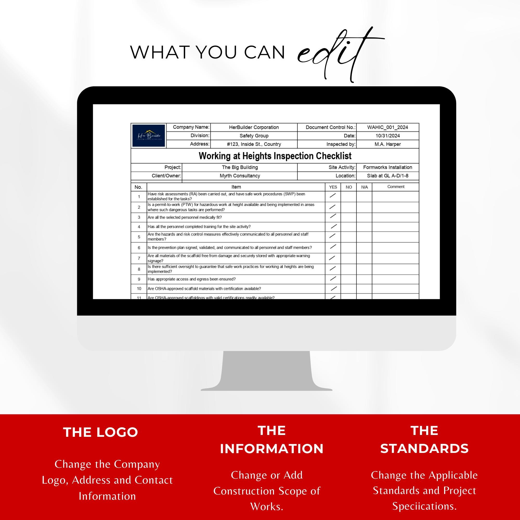 Working at Heights Inspection Checklist for Construction, Safety at ...