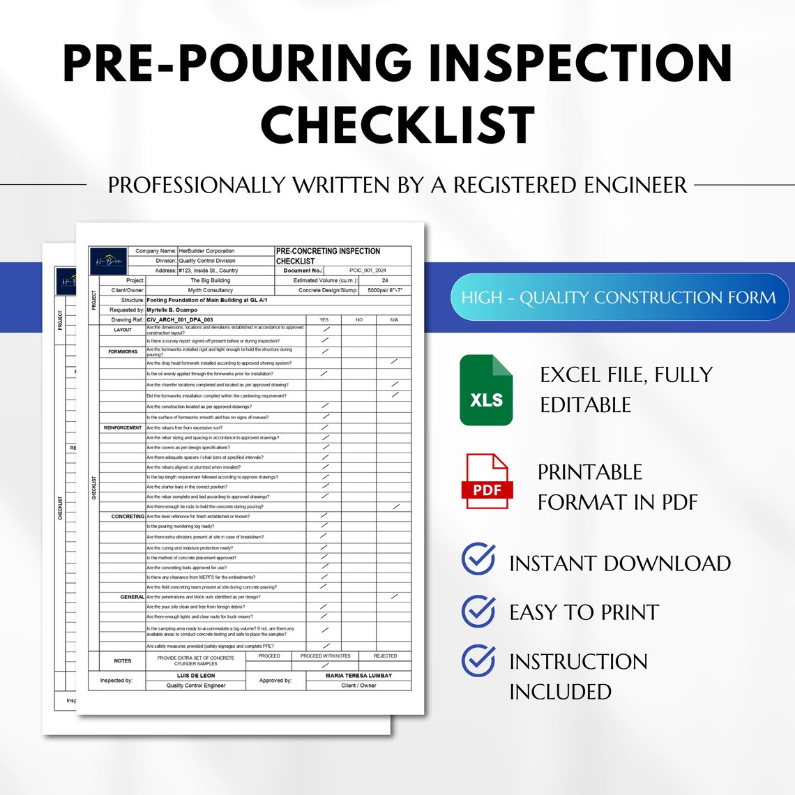 Pre-pouring Inspection Checklist Form, Pre-concreting Checklist ...