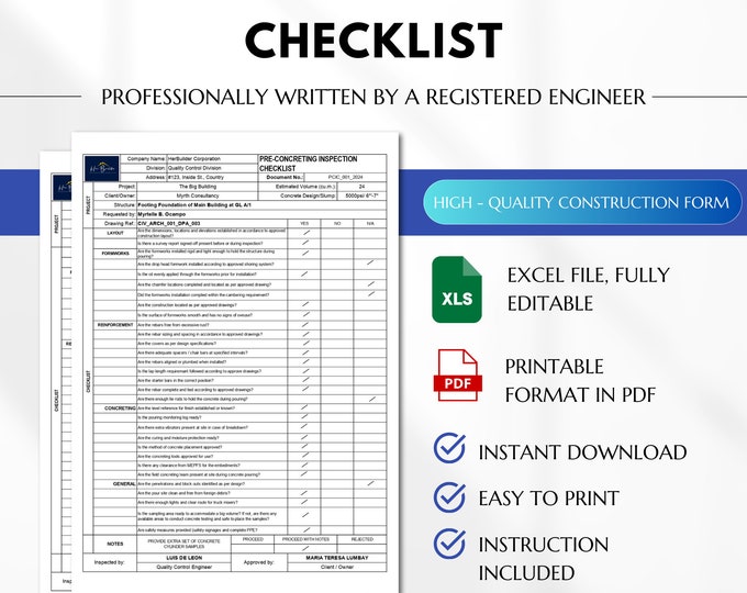 Pre-pouring Inspection Checklist Form, Pre-concreting Checklist ...