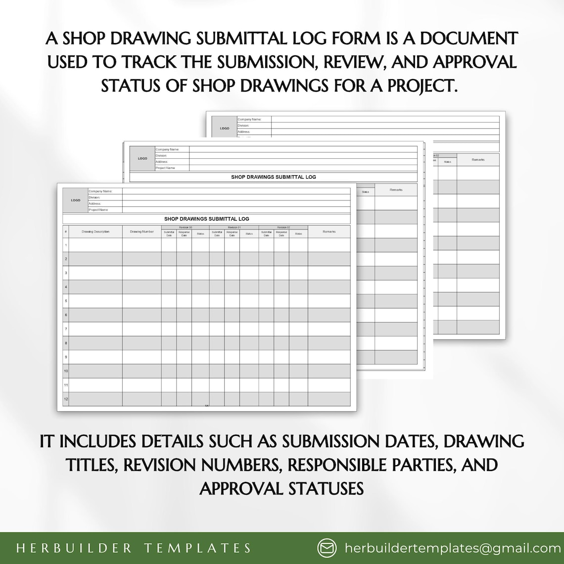 Shop Drawing Submittal Log Form, Drawing Log Submission Record ...