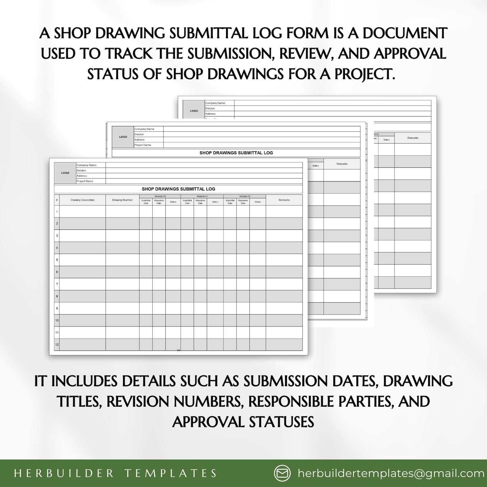 Shop Drawing Submittal Log Form, Drawing Log Submission Record, Construction Drawings Log ...