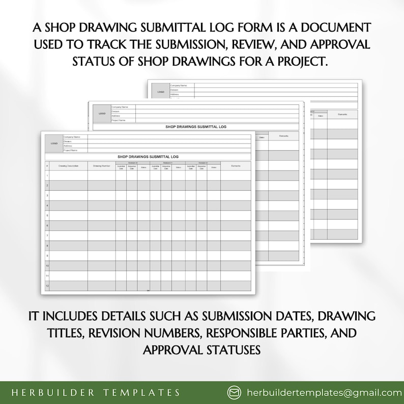 Shop Drawing Submittal Log Form, Drawing Log Submission Record ...