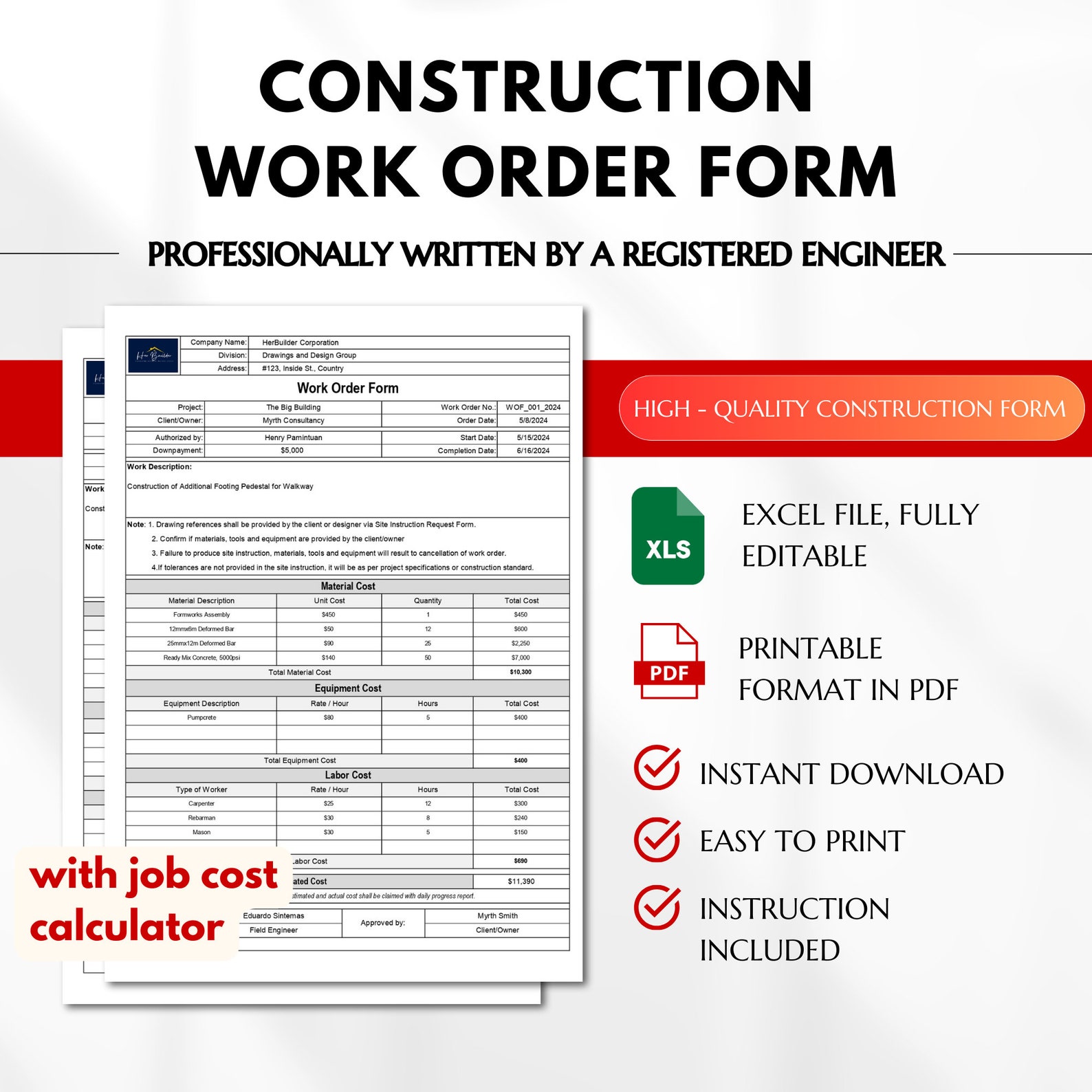 Construction Work Order Form, Site Job Order Form, Request to Proceed ...