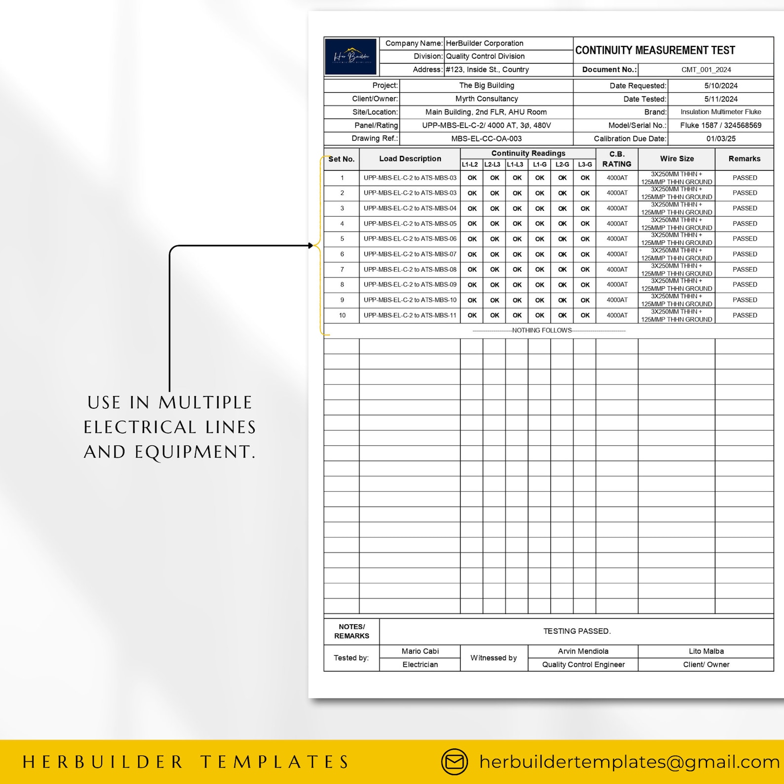 Continuity Test Form, Electrical Testing Template, Testing and ...