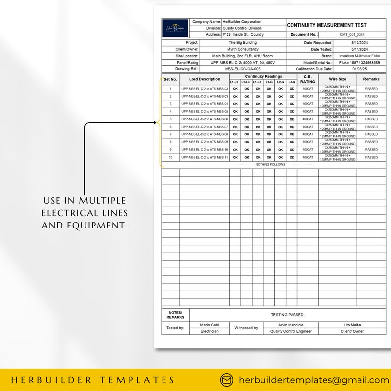 Continuity Test Form, Electrical Testing Template, Testing and ...