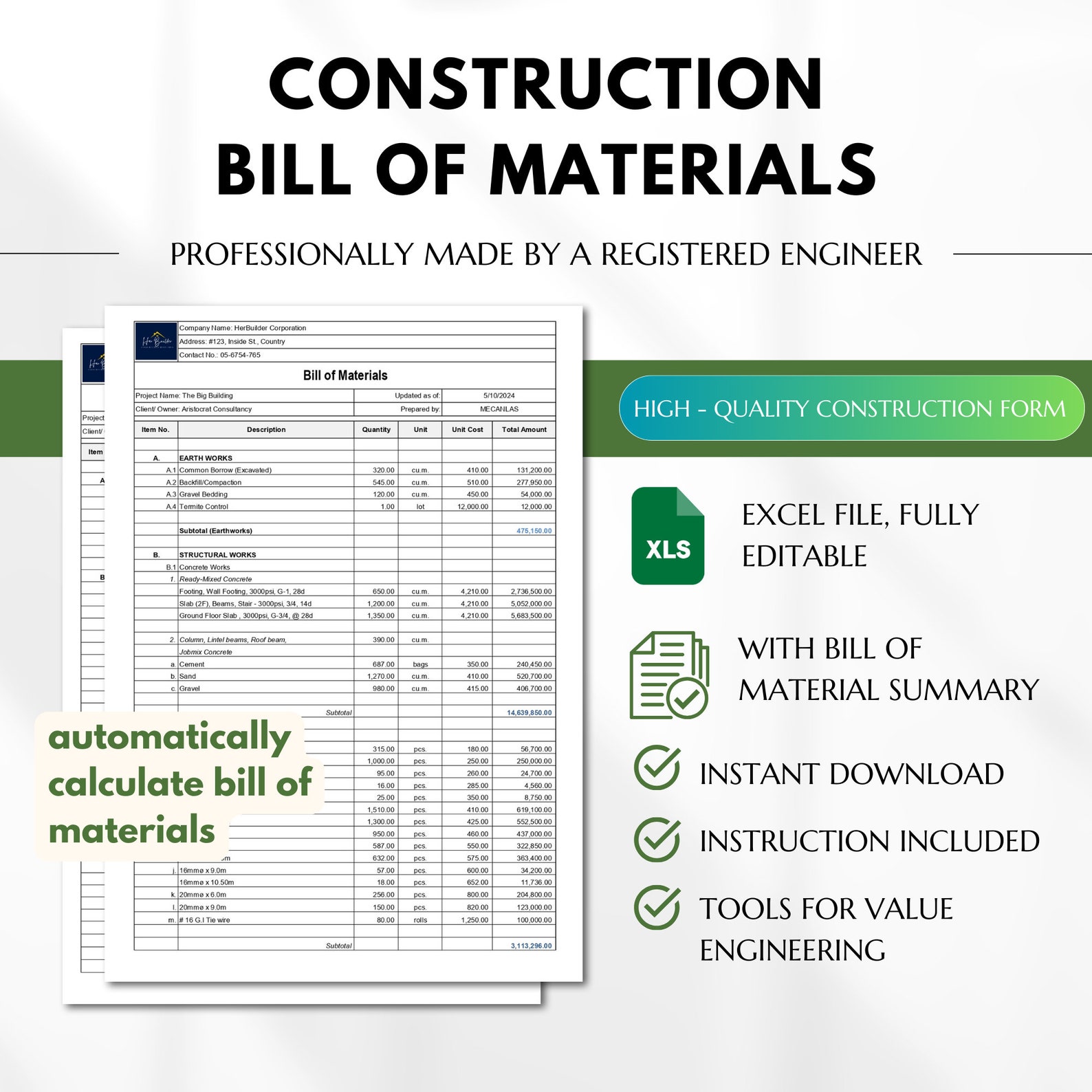 Construction Bill of Materials, Bill of Quantities, Material Quantity and Cost, Cost and Value ...
