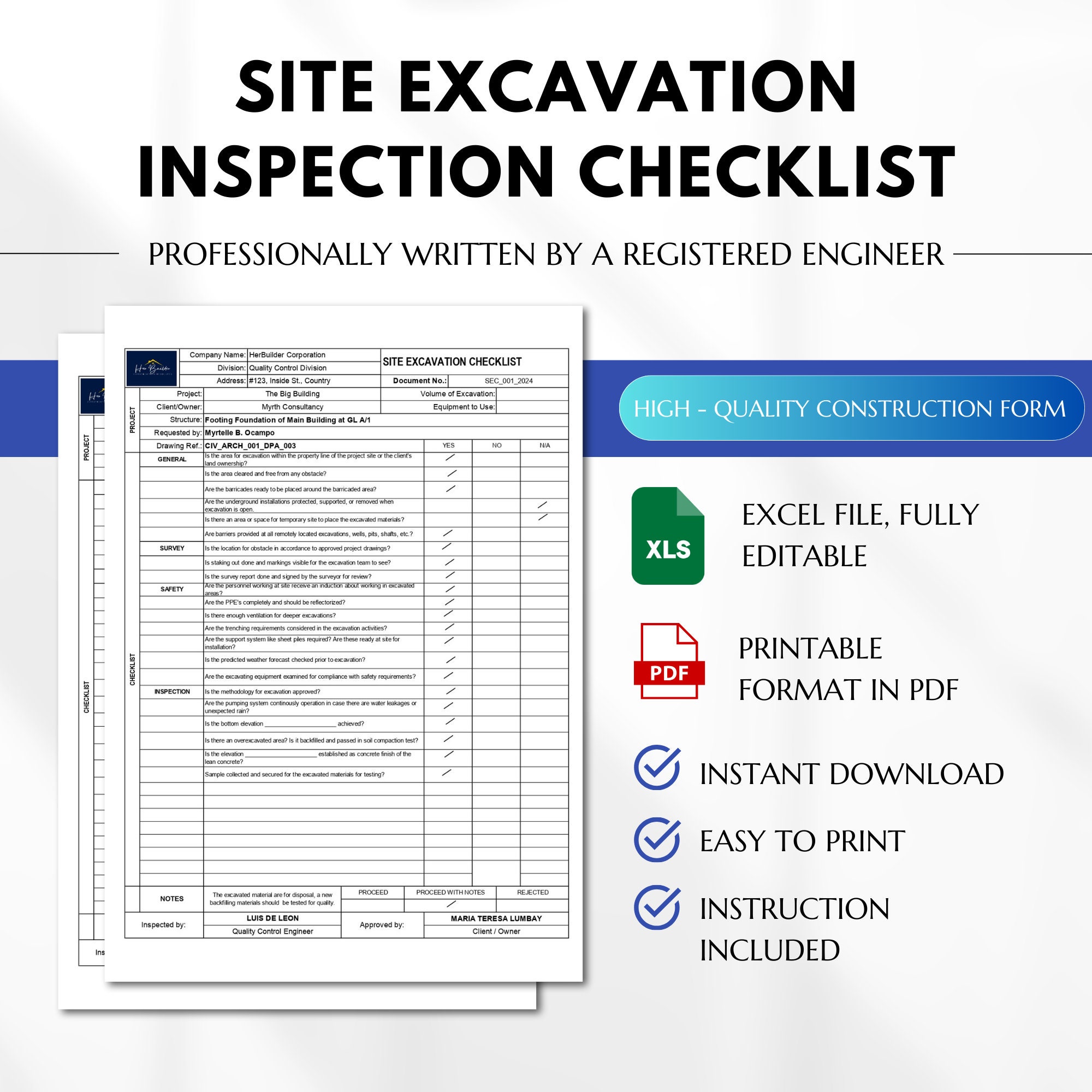 Site Excavation Inspection Checklist, Site Works Checklist, Backfilling ...