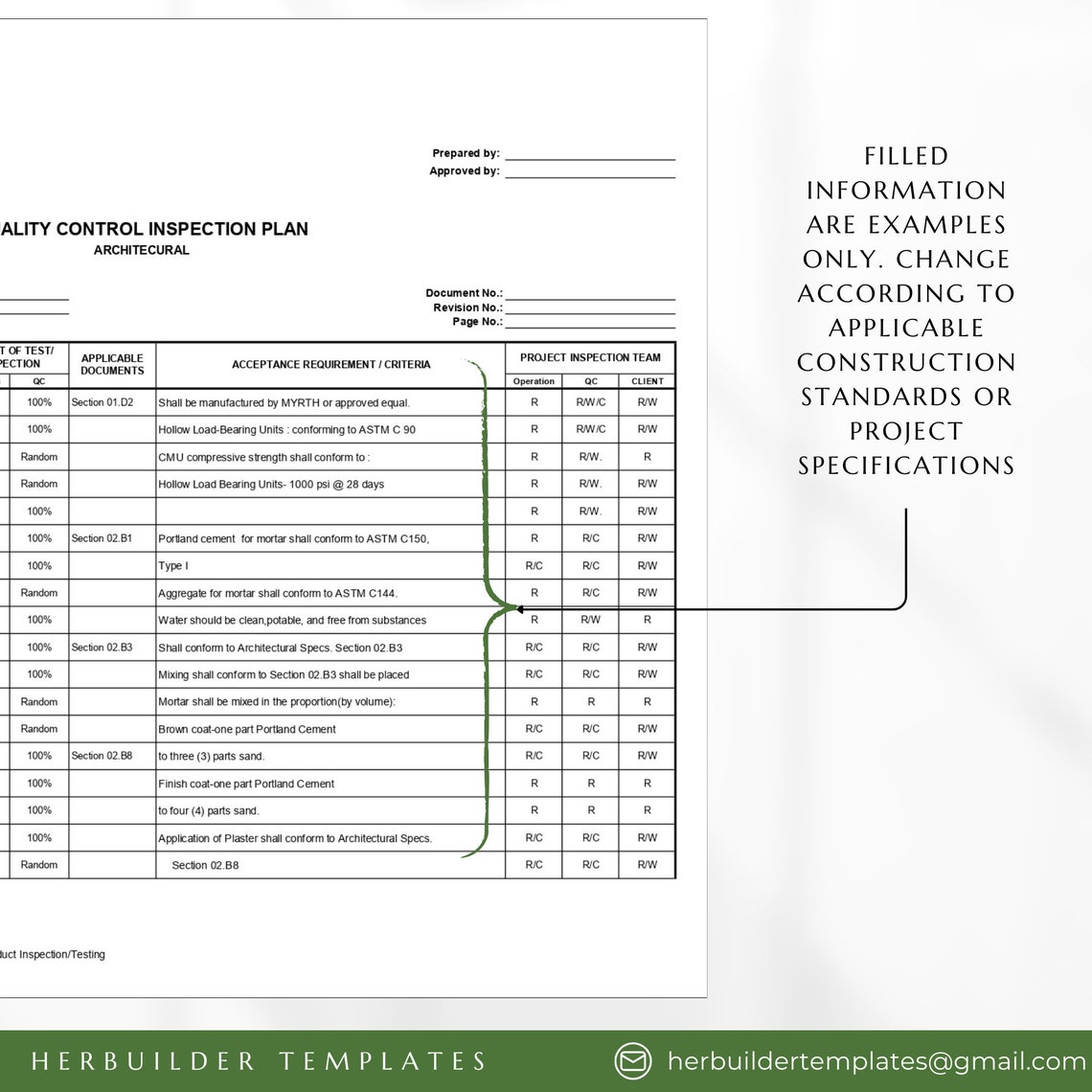 Quality Control Inspection Plan Template for Architectural Works ...