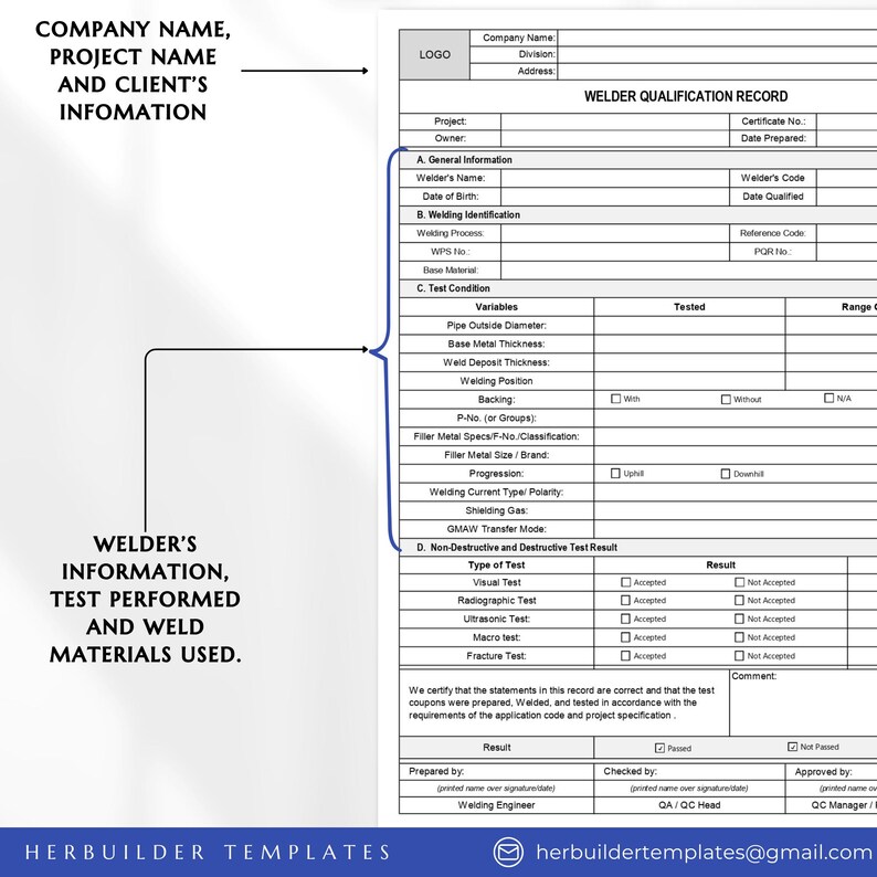 Welder Qualification Record Form, Welder's Test Record, Welder's ...