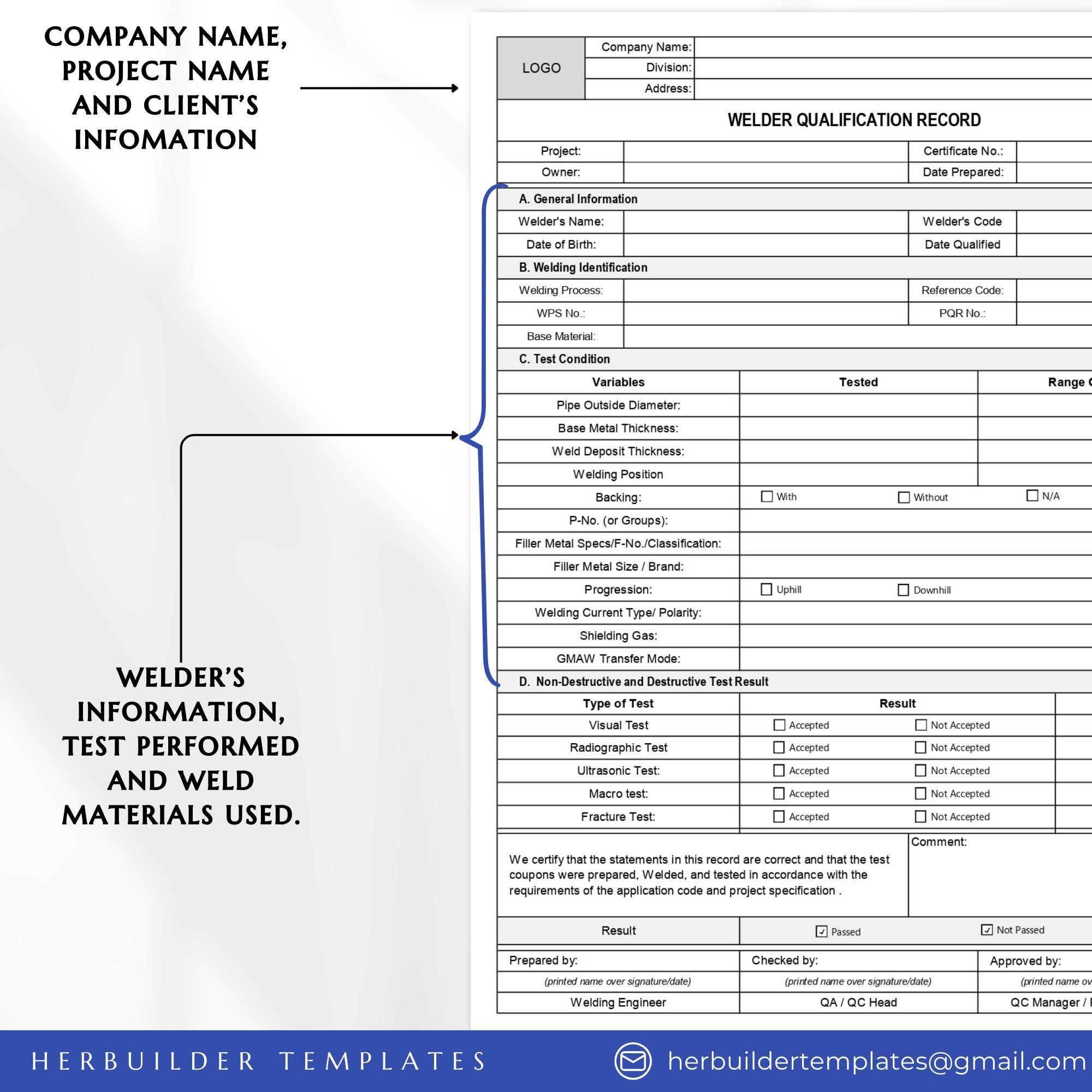 Welder Qualification Record Form, Welder's Test Record, Welder's ...