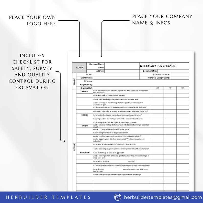 Site Excavation Inspection Checklist, Site Works Checklist, Backfilling ...