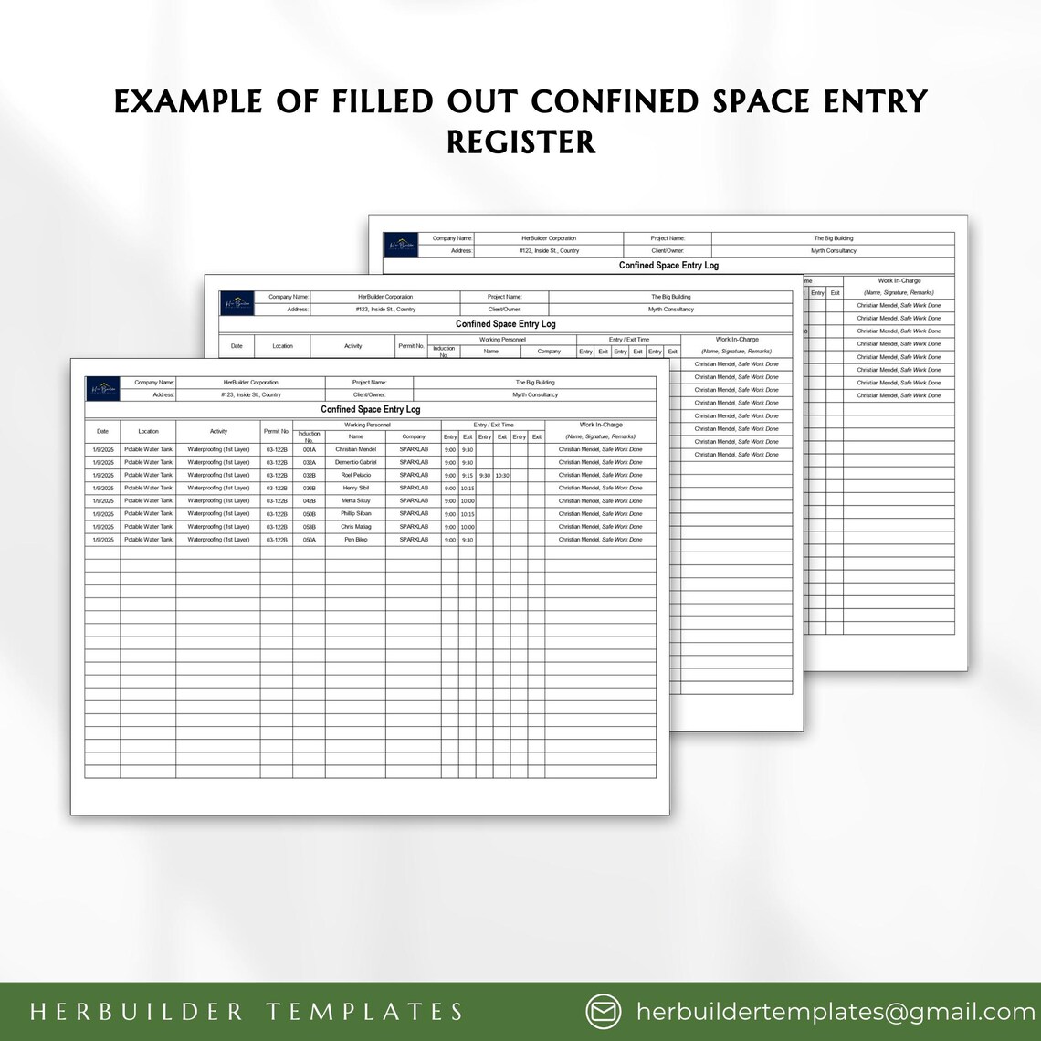 Confined Space Entry Log, Confine Space Entry Register, Log-in and Out ...