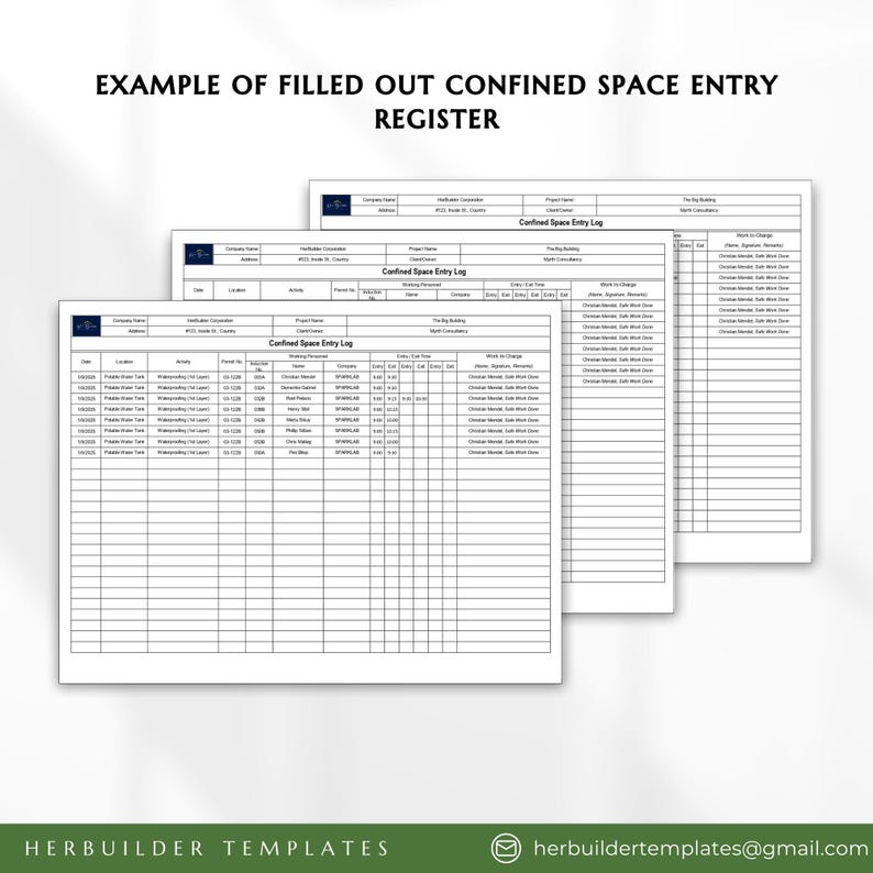 Confined Space Entry Log, Confine Space Entry Register, Log-in and Out ...