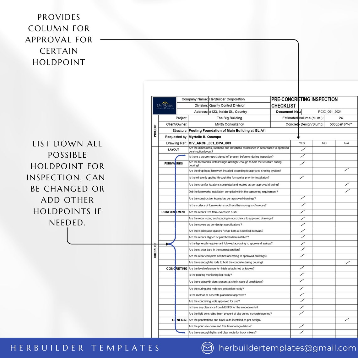 Pre-pouring Inspection Checklist Form, Pre-concreting Checklist ...