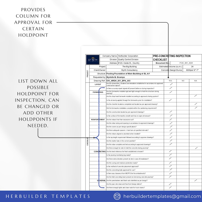 Pre-pouring Inspection Checklist Form, Pre-concreting Checklist ...