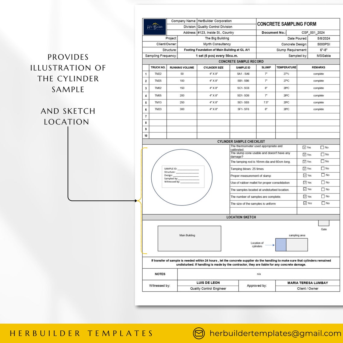 Concrete Sampling Form, Concrete Cylinder Sampling Template, Concrete ...
