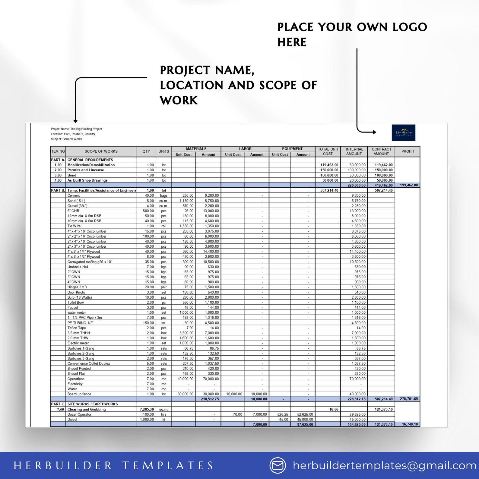 Bill of Quantities Template, Construction Cost Estimate, Cost Estimate ...