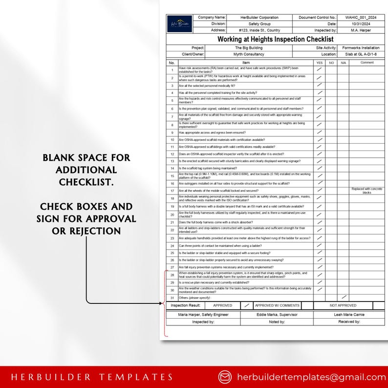 Working at Heights Inspection Checklist for Construction, Safety at ...