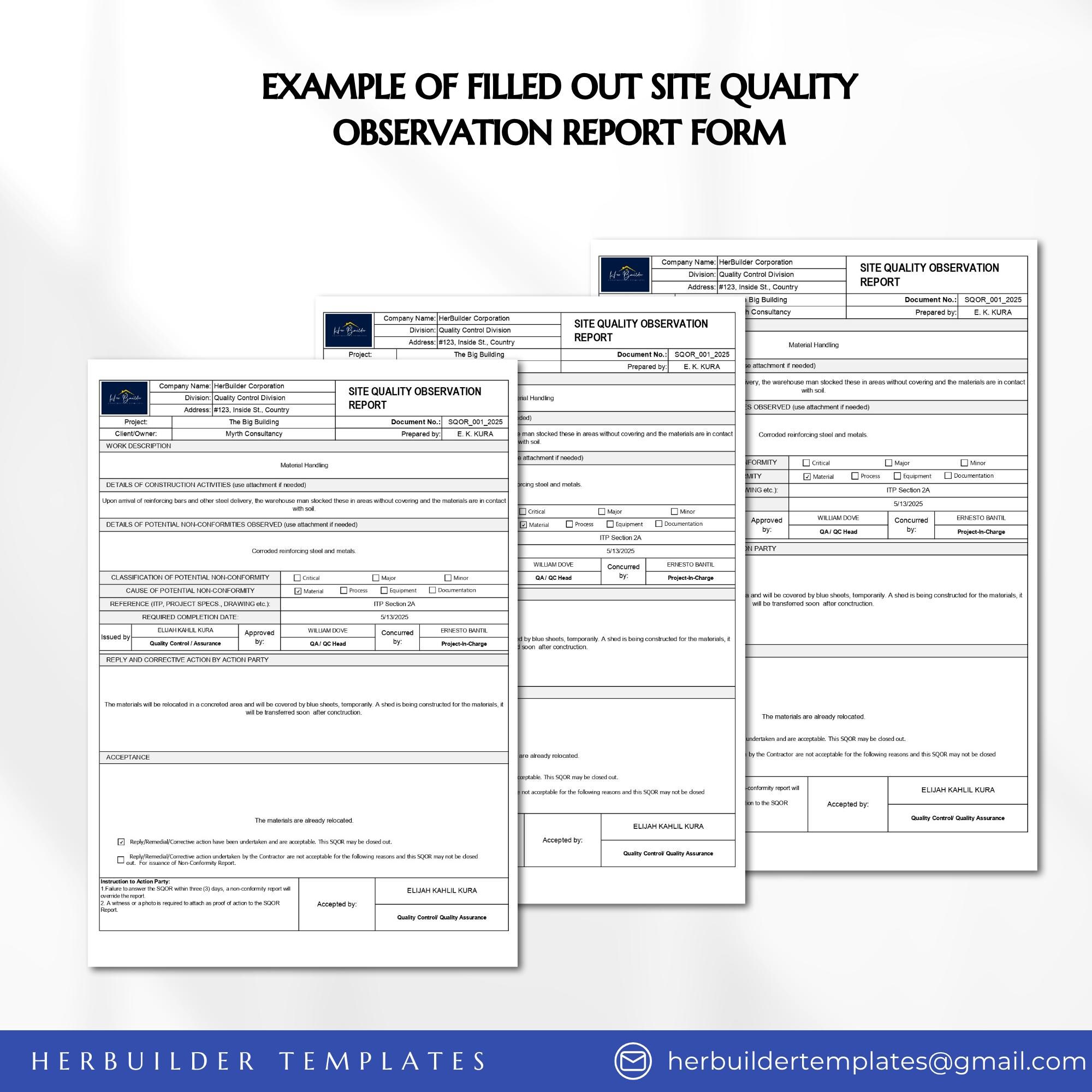 Site Quality Observation Report Form, Quality Control Inspection Report ...