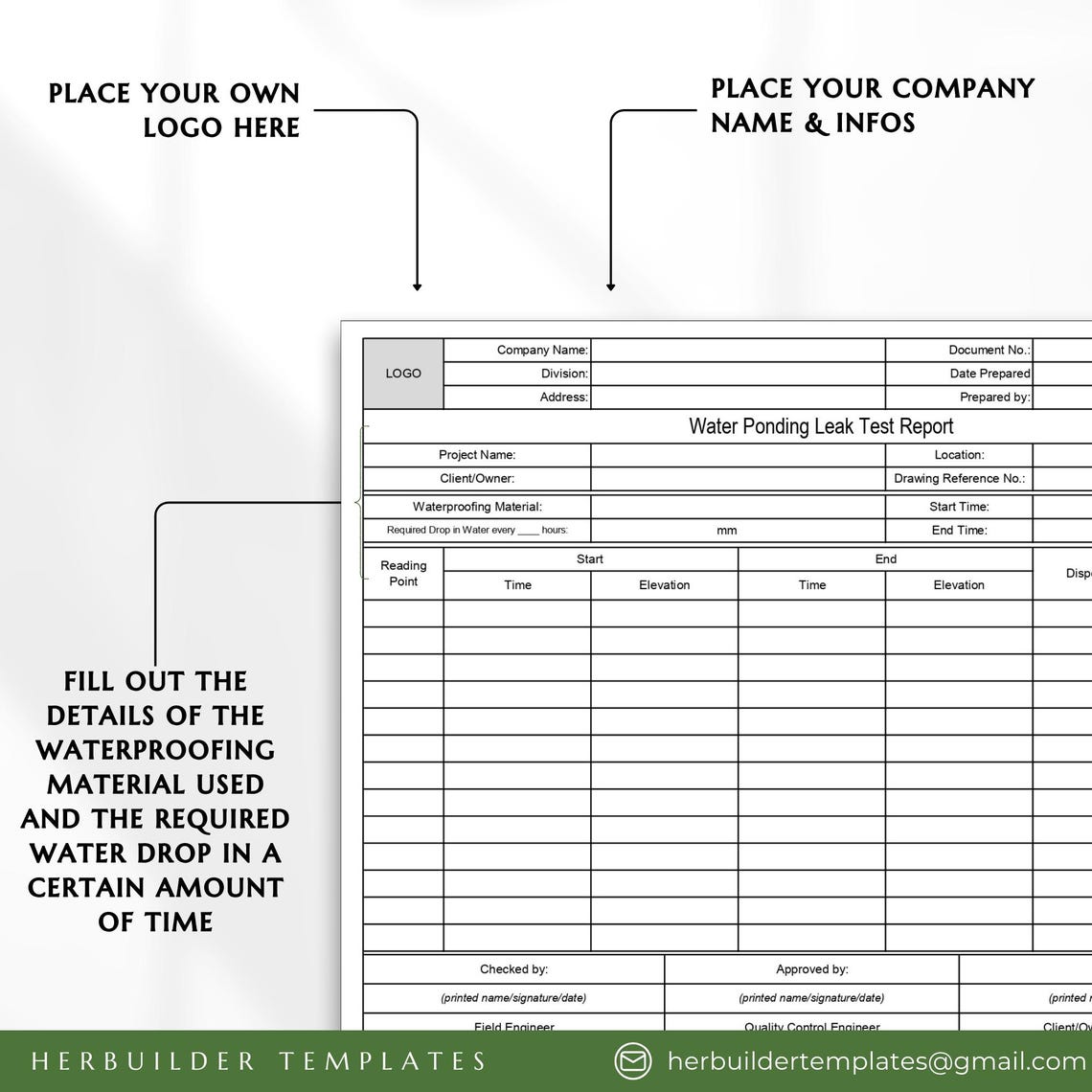 Water Ponding Leak Test Form, Leak Test Form, Water Tank Leak Test ...
