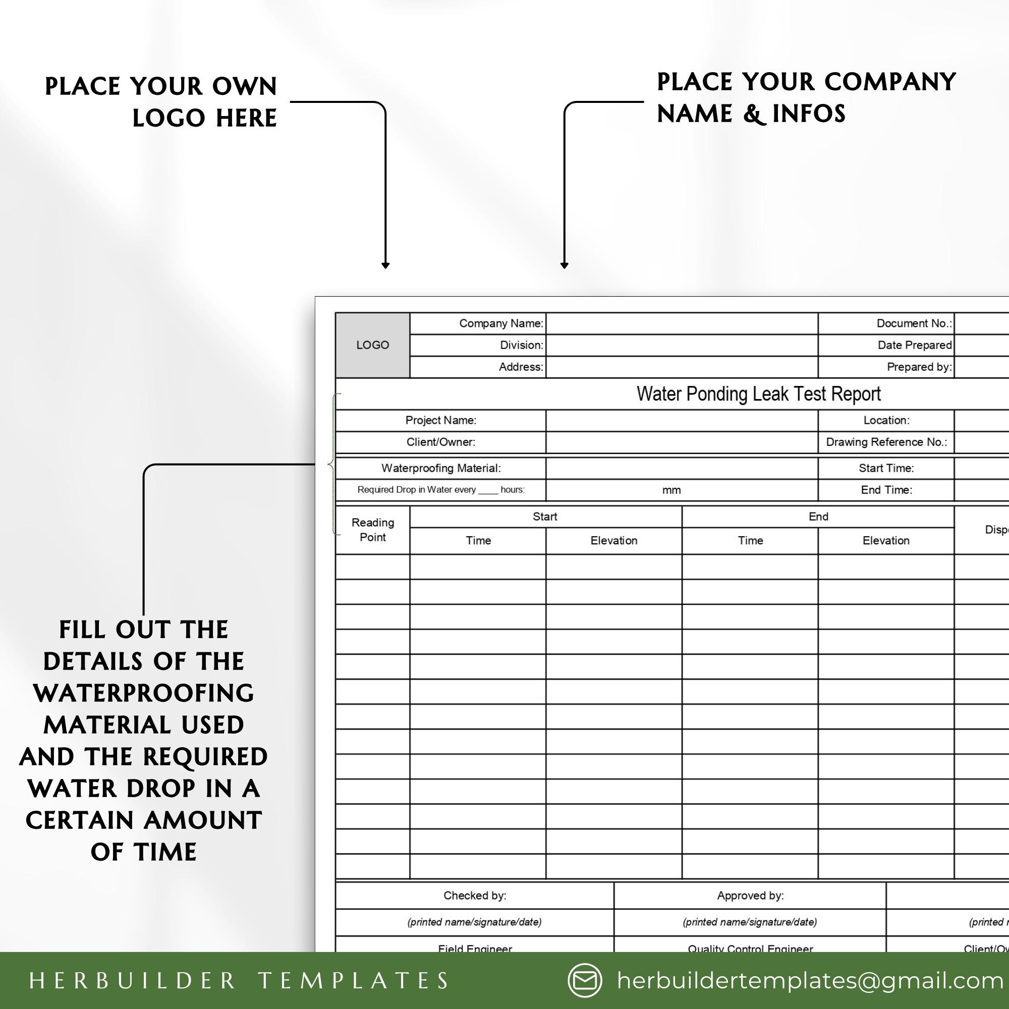 Water Ponding Leak Test Form, Leak Test Form, Water Tank Leak Test ...