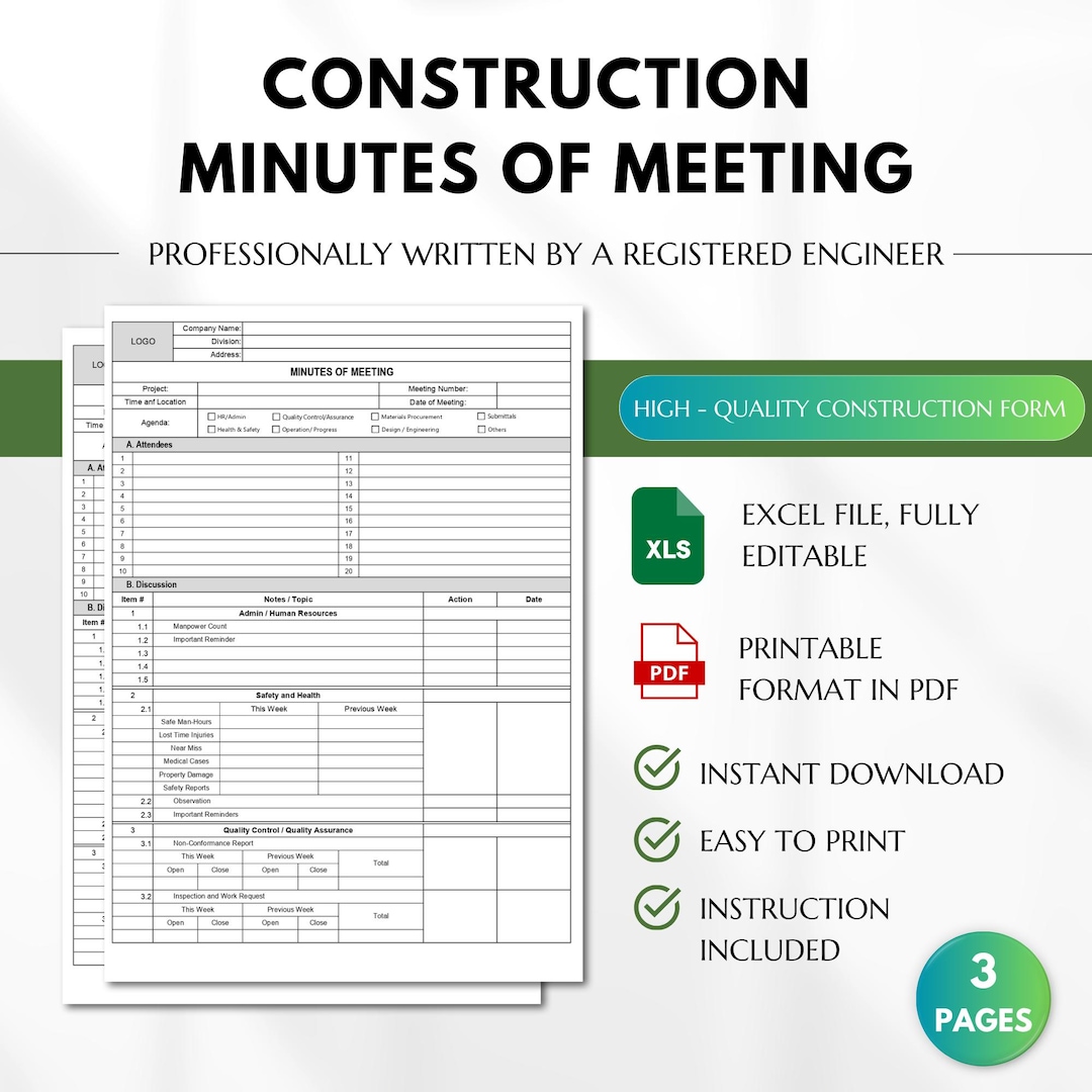 Construction Minutes of Meeting Template, Meeting Form, Meeting ...