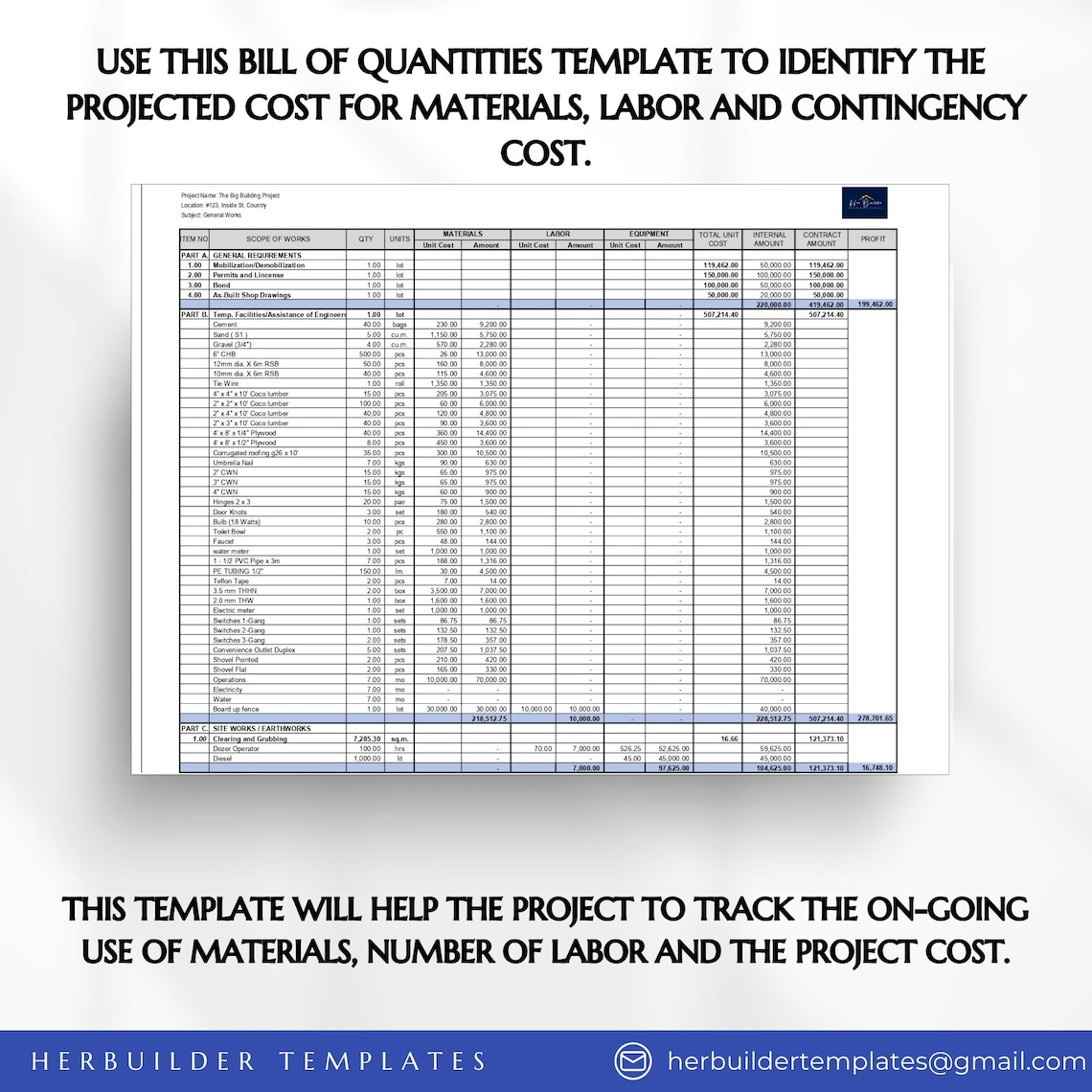Bill of Quantities Template, Construction Cost Estimate, Cost Estimate ...