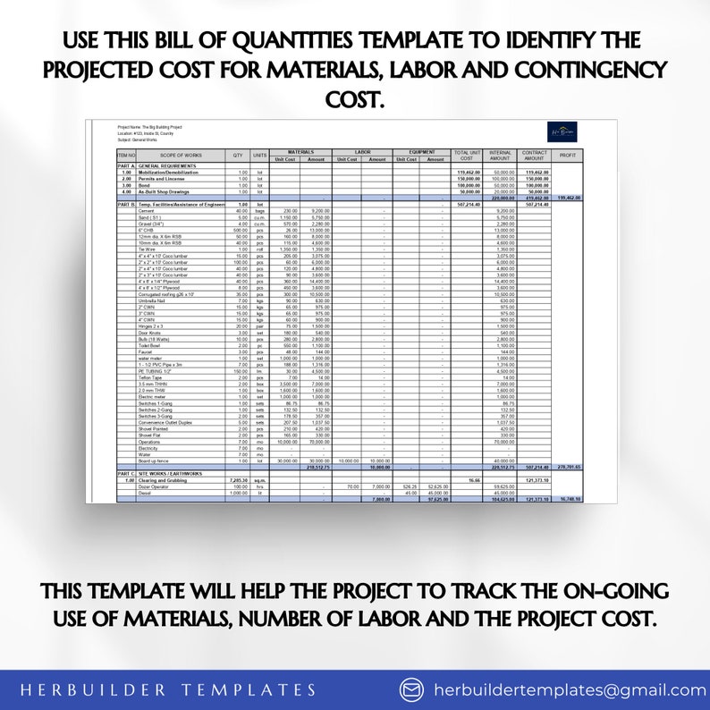 Bill of Quantities Template, Construction Cost Estimate, Cost Estimate ...