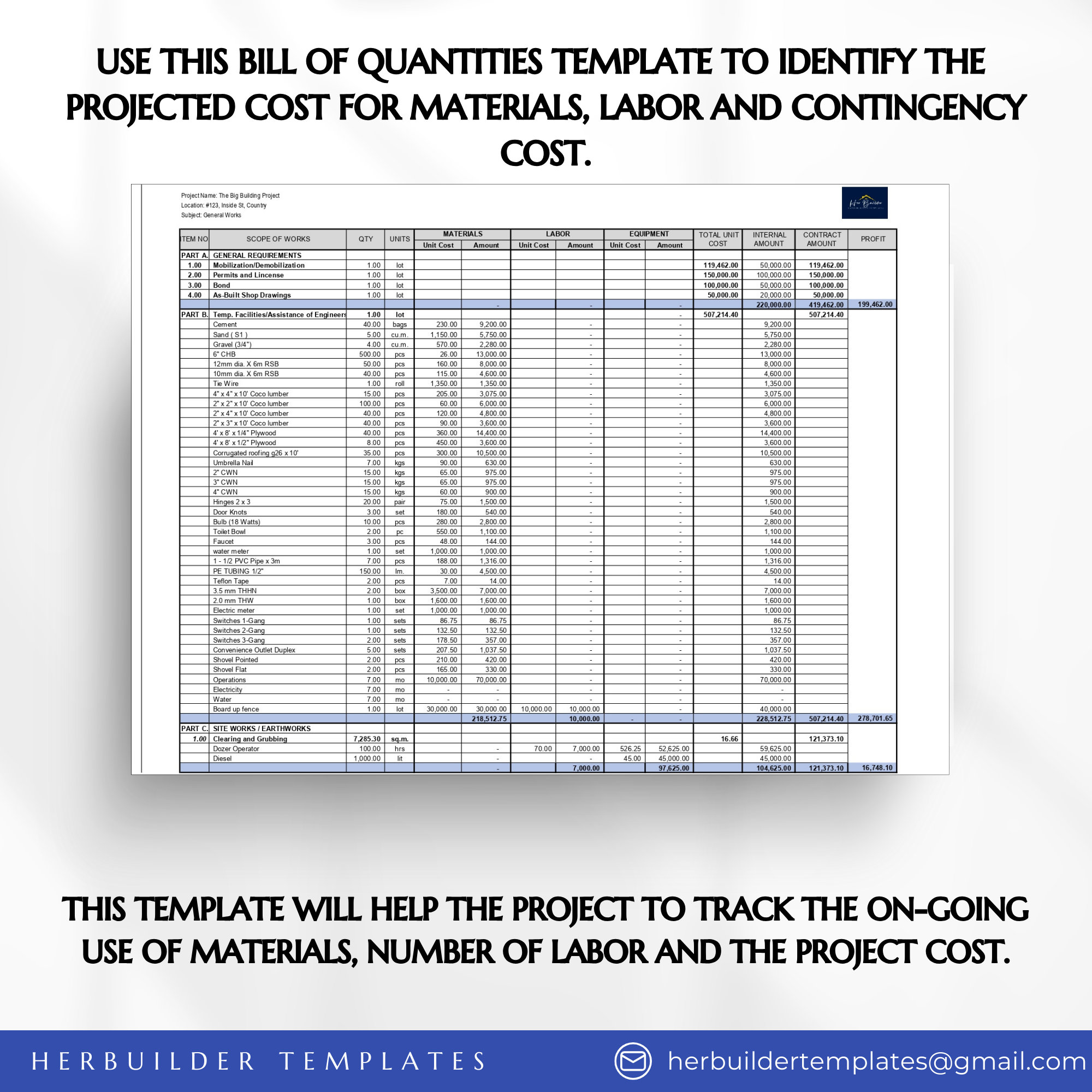 Bill of Quantities Template, Construction Cost Estimate, Cost Estimate ...