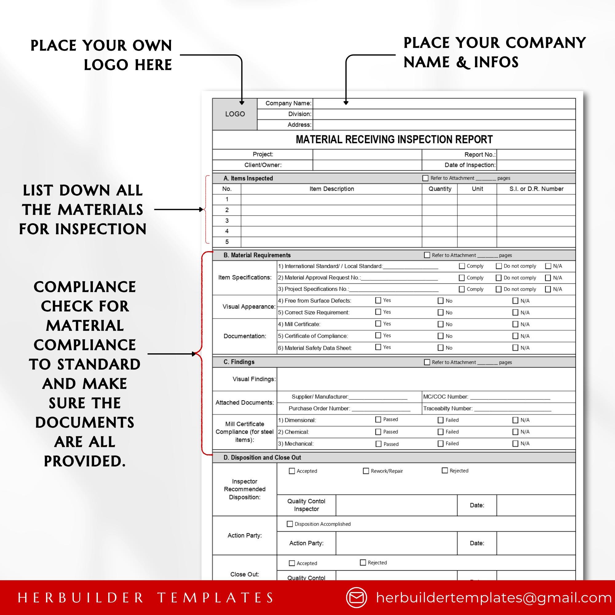 Material Receiving Inspection Report, Quality Control Inspection Report ...