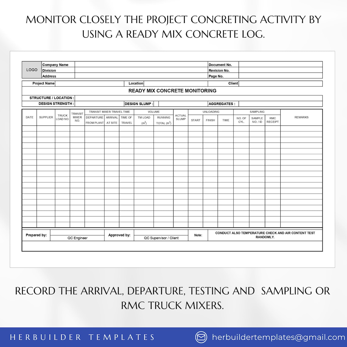Ready Mix Concrete Monitoring Form, Concrete Pouring Monitoring Log ...