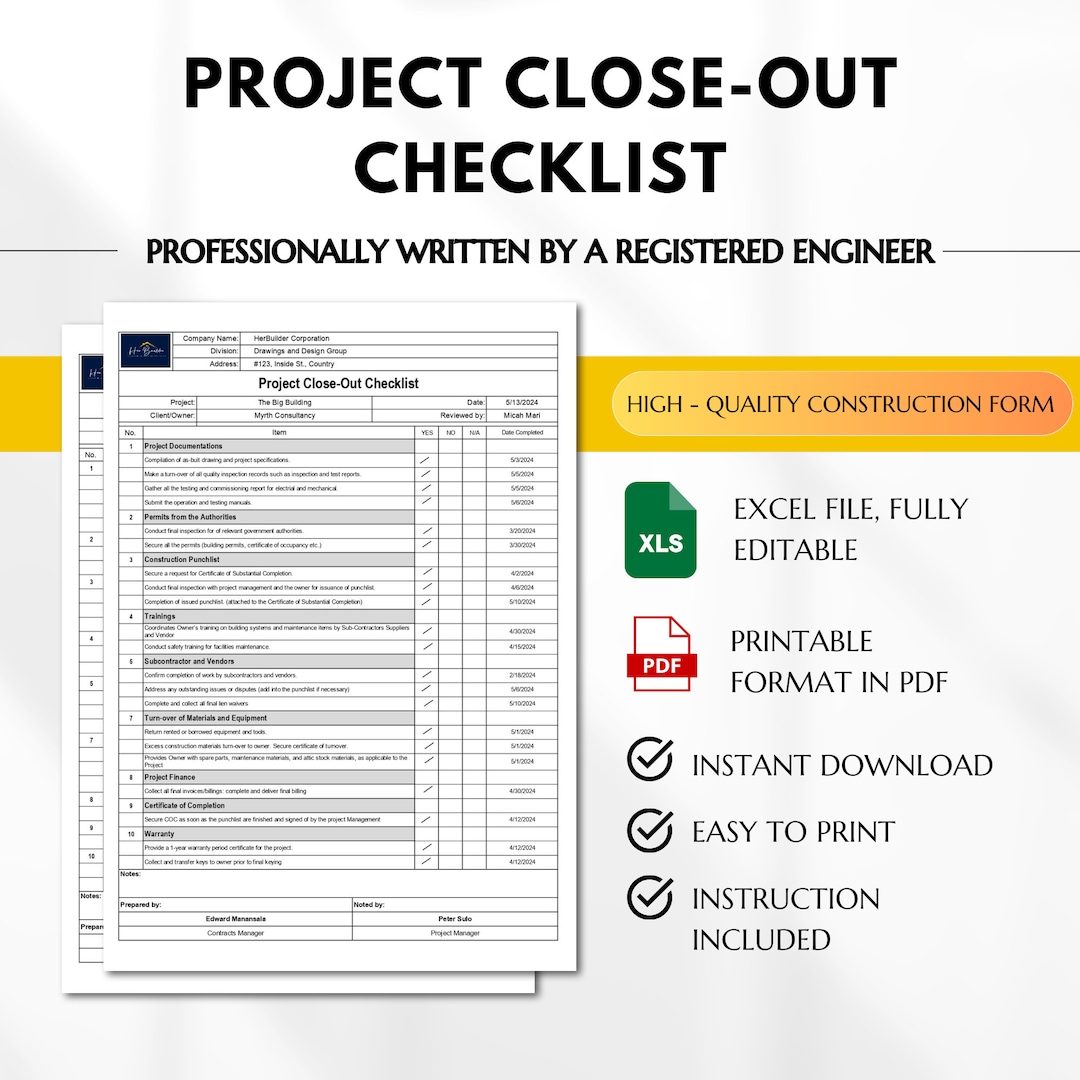 Project Close-out Checklist, Project Completion Form, Certificate of ...