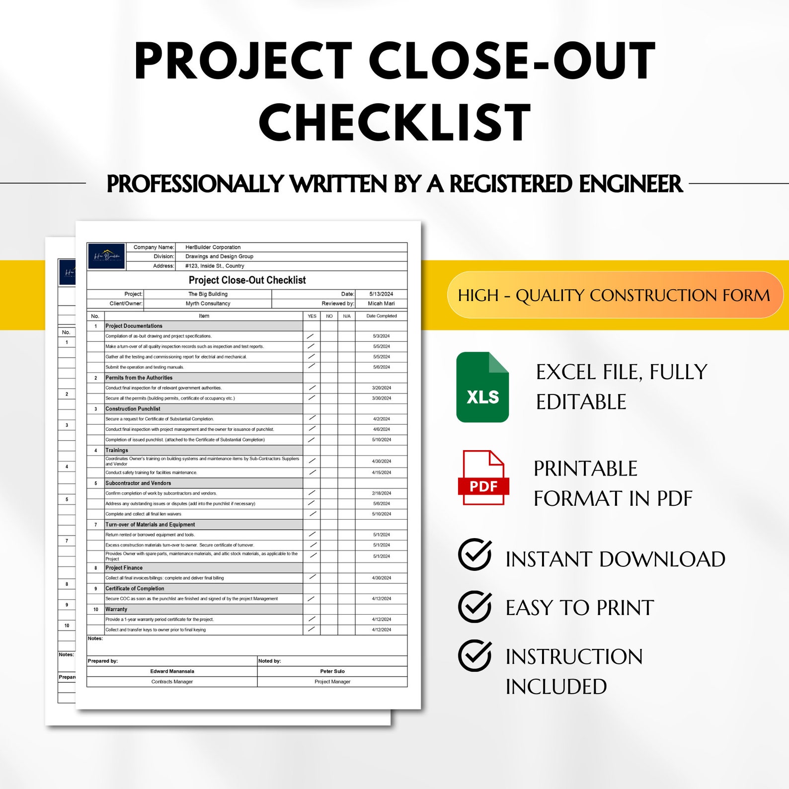 Project Close-out Checklist, Project Completion Form, Certificate of ...