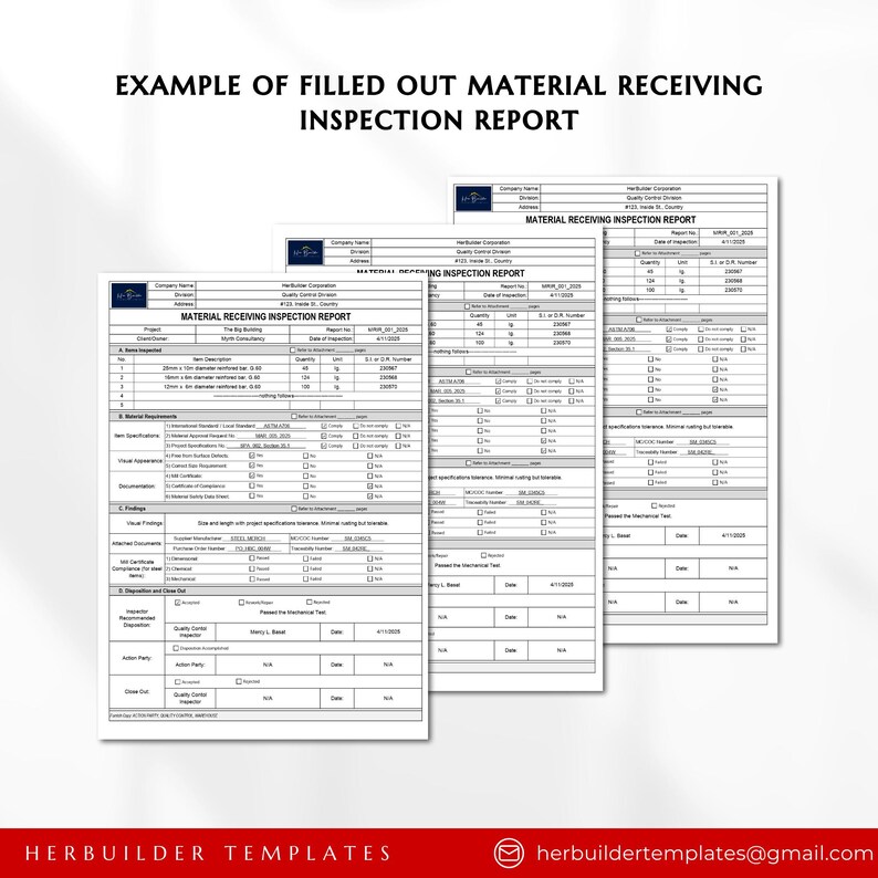 Material Receiving Inspection Report, Quality Control Inspection Report ...