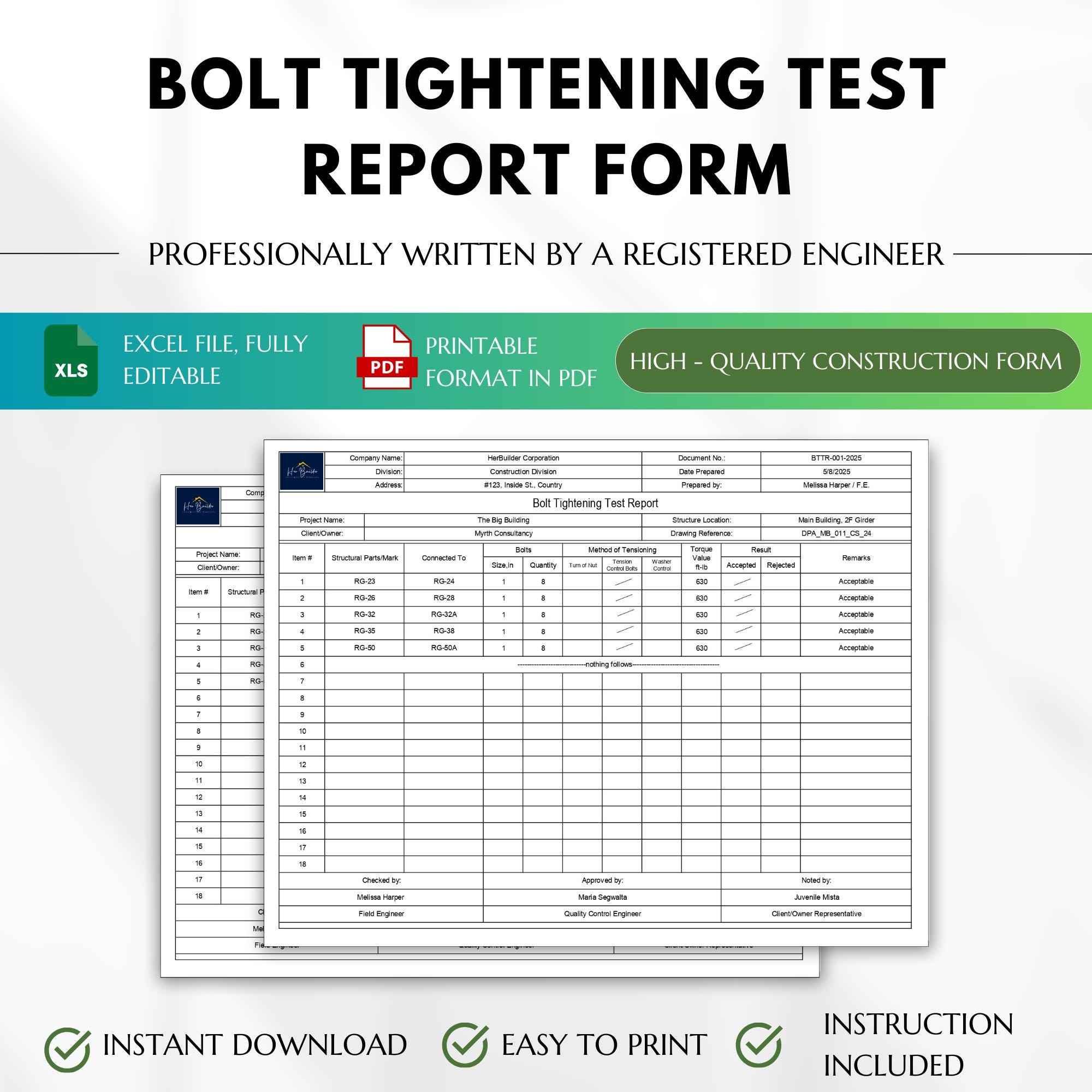 Bolt Tightening Test Report Form, Bolt Torqueing Test Report, Bolt ...