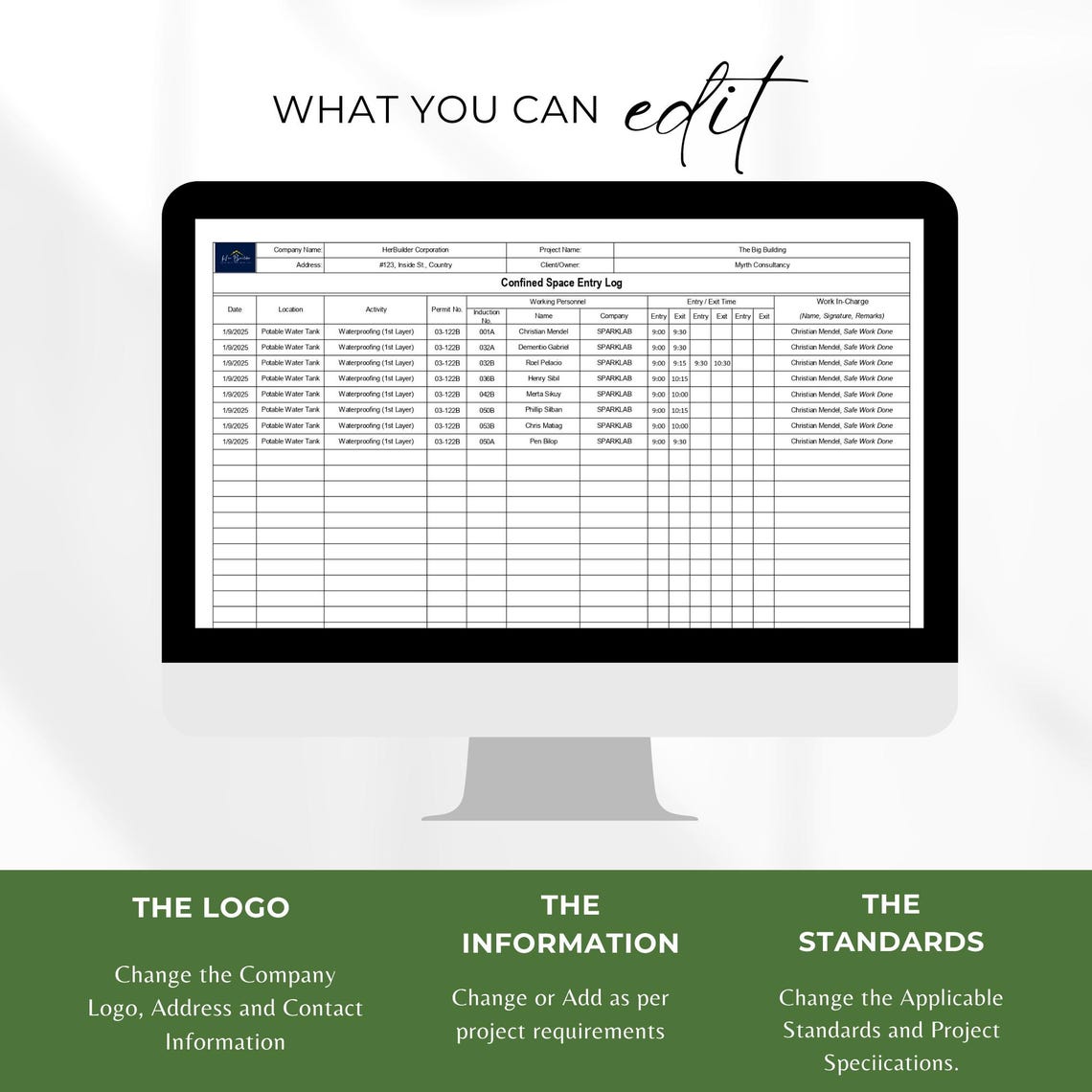 Confined Space Entry Log, Confine Space Entry Register, Log-in and Out ...