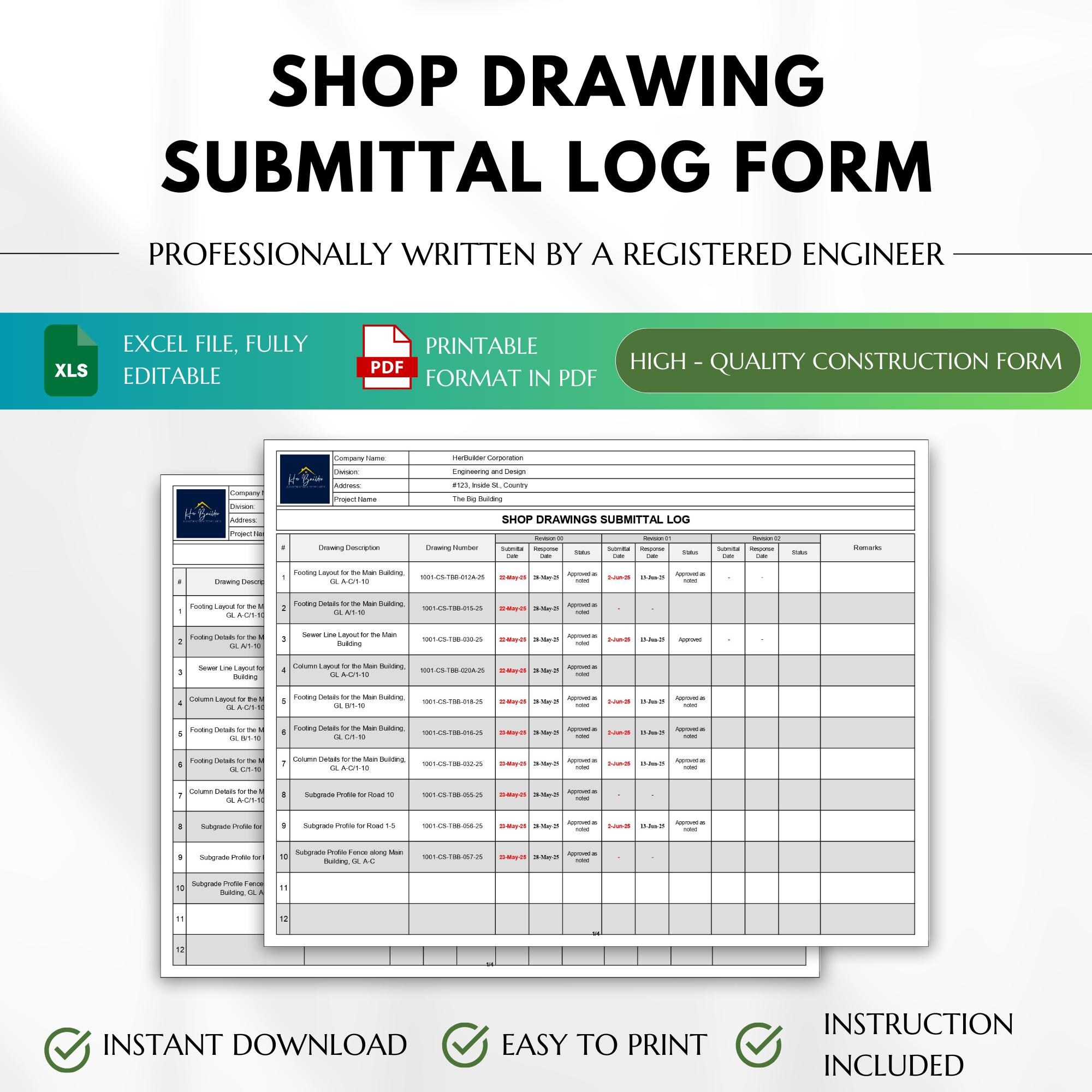 Shop Drawing Submittal Log Form, Drawing Log Submission Record, Construction Drawings Log ...