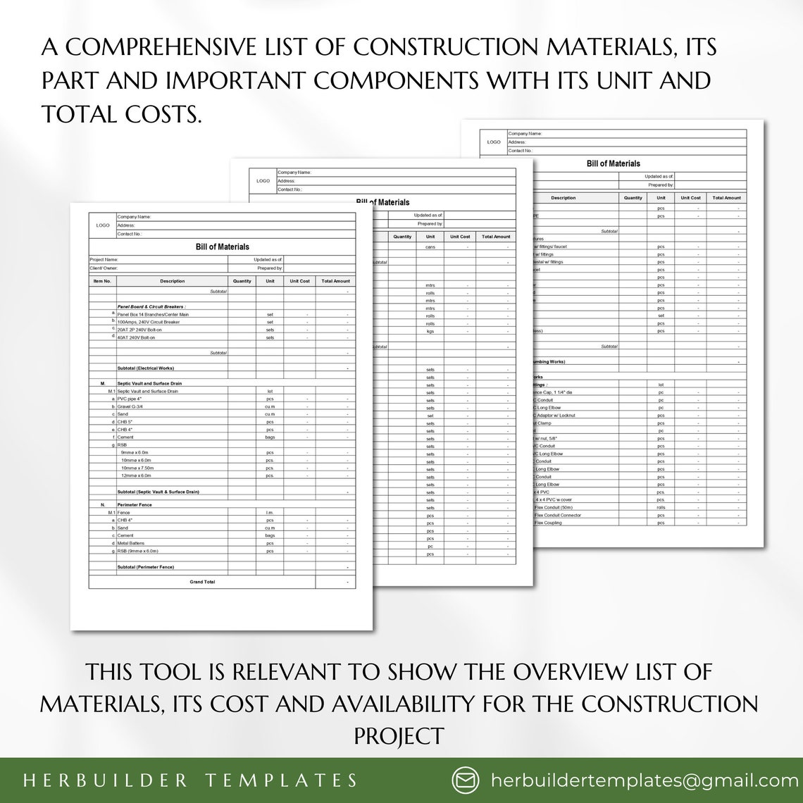 Construction Bill of Materials, Bill of Quantities, Material Quantity ...